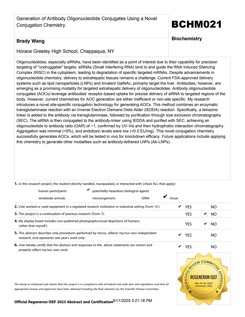 Regeneron ISEF 2025 大奖：BCHM021 - 利用新型共轭化学生成AOC